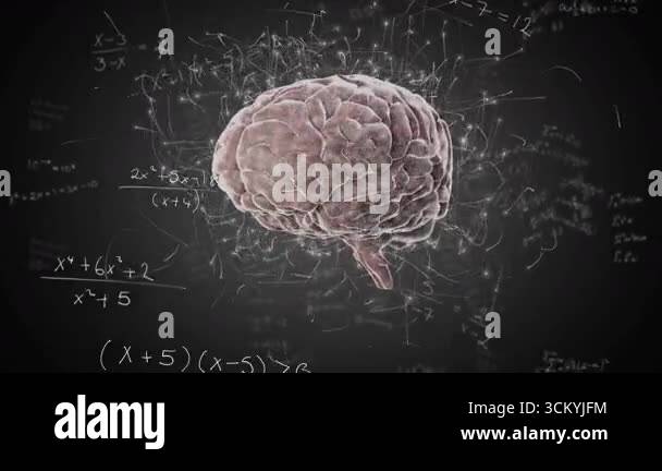3D brain model appearing triggers rotation with pulsing lines and chalk equations visualizing ...