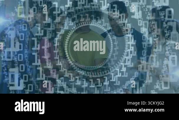 Colleagues tapping tablet causing binary digits to form rotating 3D data rings for tech insight ...