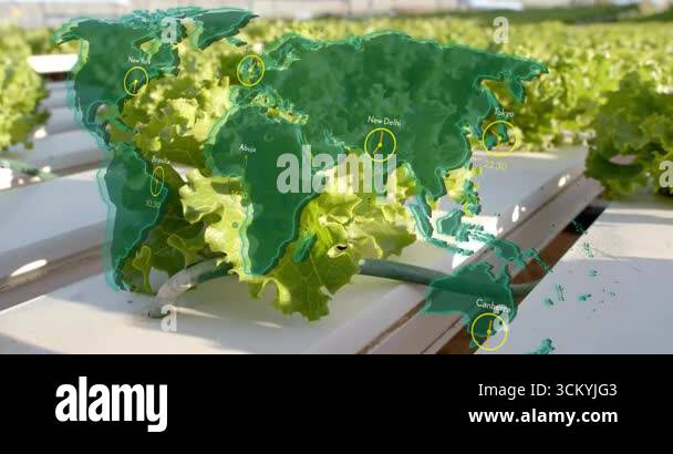 At one second map fading in, hydroponic lettuce trough showing clocks ...
