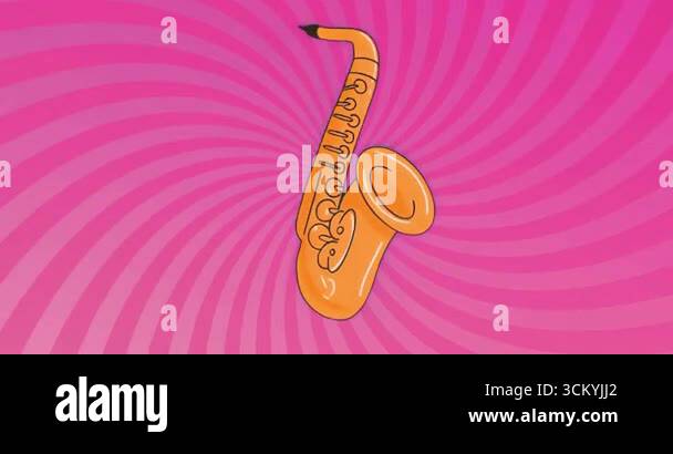 At start cartoon orange saxophone staying centered on pink spiral backdrop showcasing musical ...