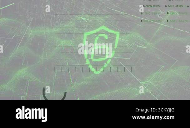 Security shield and lock animation over financial data charts and graphs. Cybersecurity ...