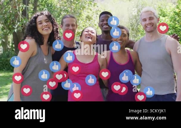 Marketing team linking arms and smiling causing blue thumbs up red ...