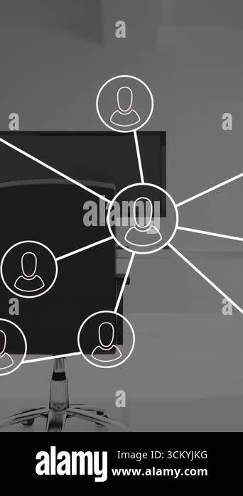 Animation of network of connections with icons over office desk with ...