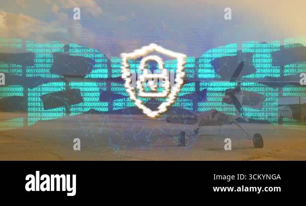 digital mesh sweeping over rural airstrip then code streaming and shield icon pulsing security ...