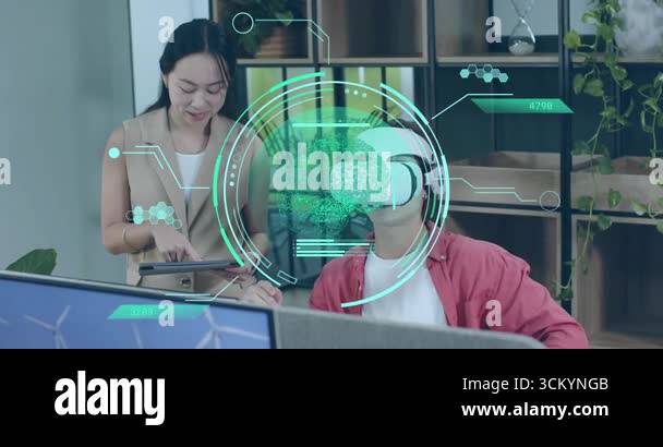 Woman tapping tablet initiating VR analytics while man using headset performing midair HUD ...