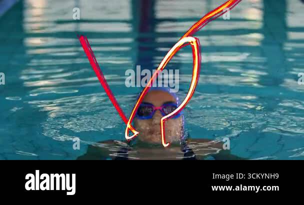 Fitness swim showing red-orange ribbon initiating swimmer surfacing in ...