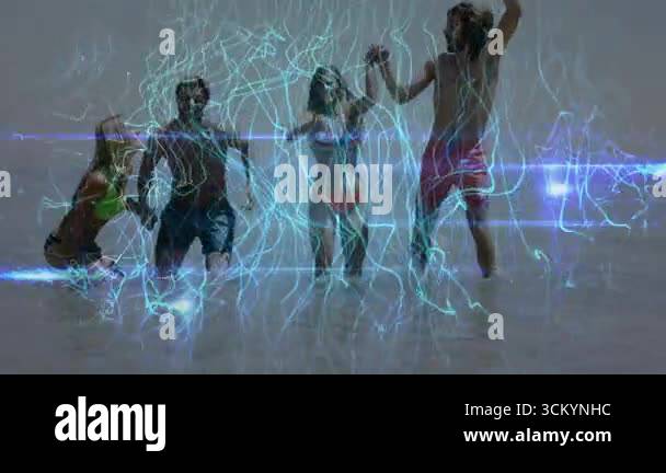 Four beachgoers playing flickering technology overlay while lifting ...