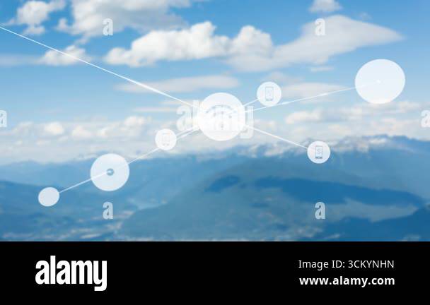 Animation of network of connections with icons over landscape. Global ...
