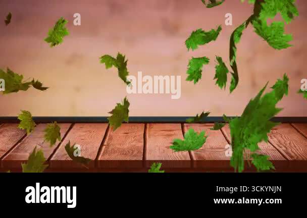 Animation of autumn leaves falling over wooden background. Autumn, fall ...