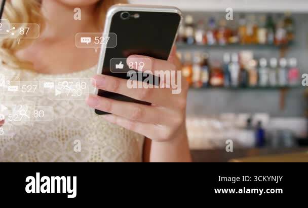 Woman tapping smartphone, floating social media counters around ...