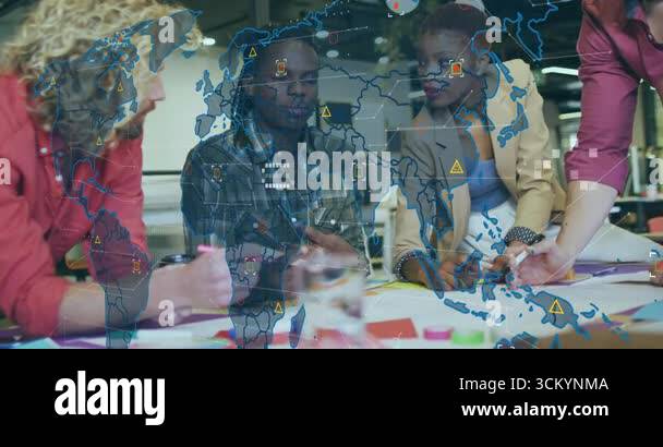 Four professionals passing red pen and activating animated world map overlay for business ...