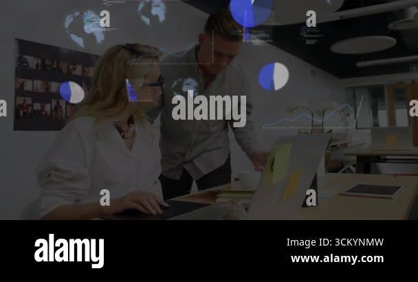 Woman typing on laptop as colleague approaching and starting chat, charts rising for data ...