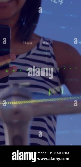 Animation of graph and processing data over caucasian woman on bike using smartphone. Connection ...