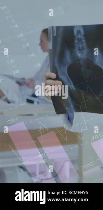 Animation of infographic interface over caucasian doctor examining ...