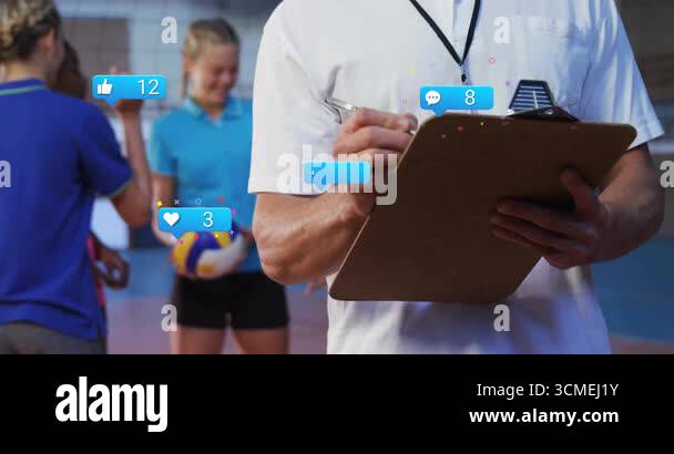 Coach writing on clipboard causing animated social icons measuring ...