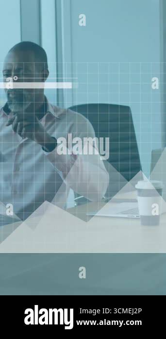 Animation of data processing over thoughtful african american man ...