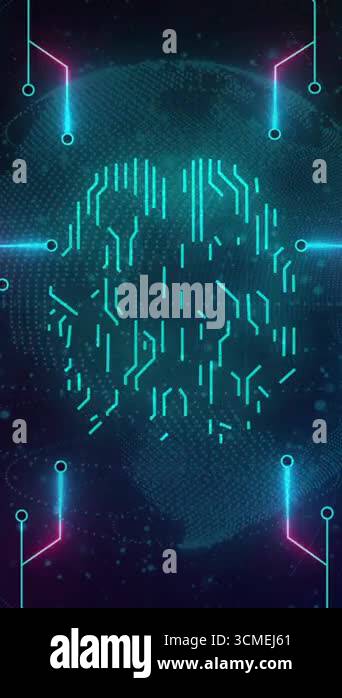 Animation of biometric brain, digital data processing over circuit board. Global artificial ...