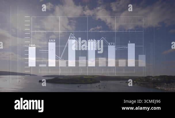 Camera framing coastal bay then faint bars rising with gridlines animating, visualizing finance ...