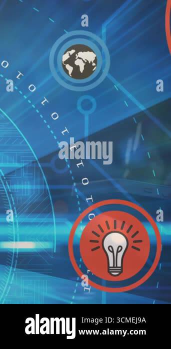 Animation of network of connections with icons over man using smartphone. Global data processing ...