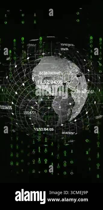 Animation of globe rotating over binary code on black background. data ...