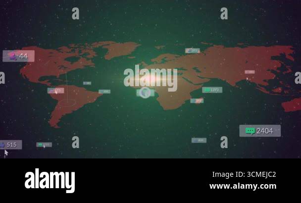 Green glow pulsing data labels popping on red map, cursor clicking ...