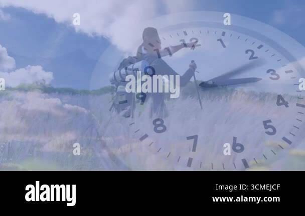 Analog clock overlay advancing past 10:00 guiding male hiker pack or ...
