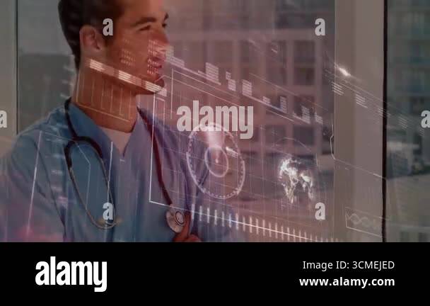 Doctor standing by window, watching graphics forming into map charts ...