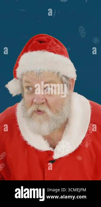 Animation of santa claus smiling over winter scenery with snow falling ...