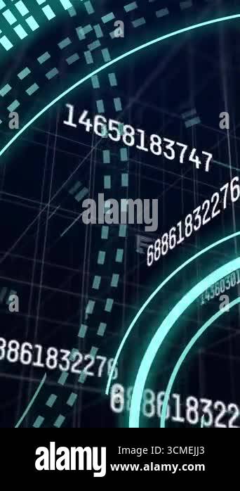 Digital data and numbers animation over grid background with curved ...
