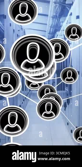 Animation of network of connections with icons and data processing over computer servers. Global ...