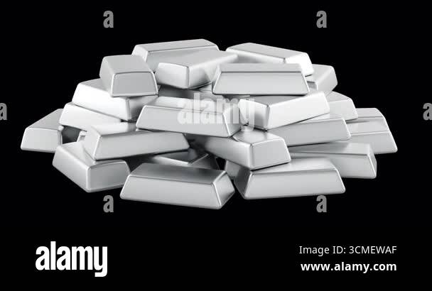 Silver bars stack rotation animation seamlessly loopable. 3D rendering ...
