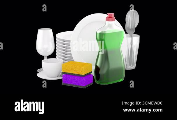 Dishwashing set. Plates, cup, glass, cutlery, sponges, and a green dish ...