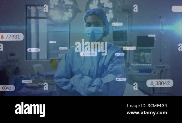 Female surgeon standing operating room, data label spawning numeric ...