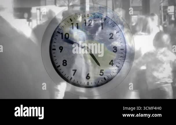 Initial tick starting analog clock rotating while urban pedestrians ...