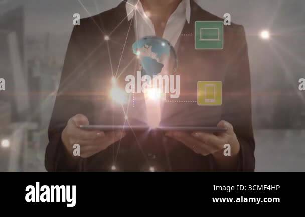 Business professional tapping tablet and projecting hologram with icons ...