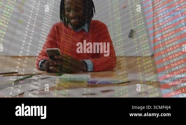 Financial data overlay appearing causing professional man picking smartphone and scrolling ...