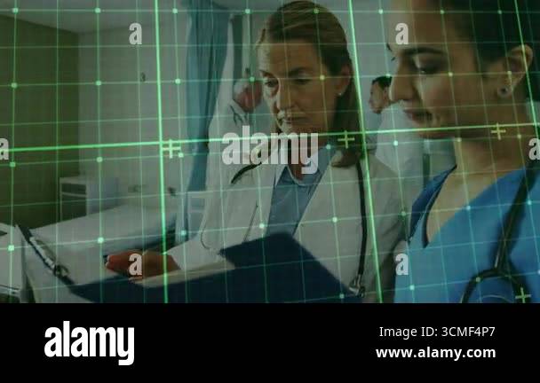 Doctor and nurse reviewing blue folder entry gesturing while noting ...