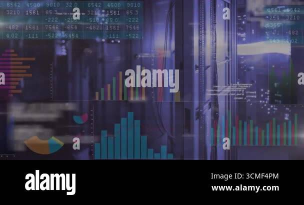 Starting with server racks scene, data matrix scrolling and charts emerging, visualizing metrics ...