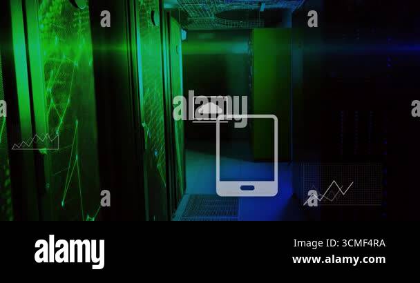 With lines overlaying racks, icons transforming while charts growing ...