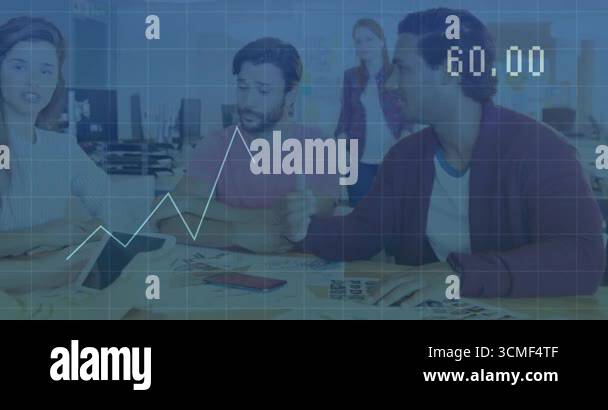 Business team pointing tablet and growing animated chart, new member ...