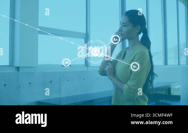 Office professional lifting smartphone to ear and initiating tech network with data icons ...