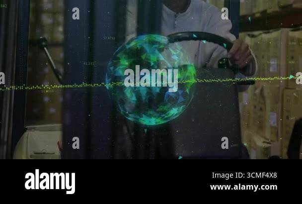 Globe waveform overlaying operator driving forklift lifting helmet ...
