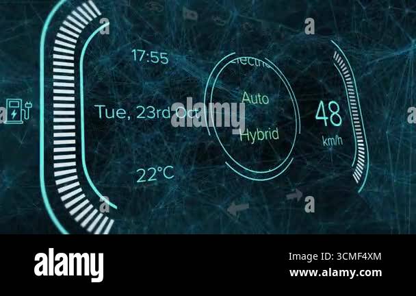 Displaying dashboard UI showing 23 Oct 17:55 and 22C, selector rotating ...