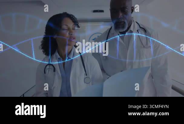 Doctors walking ward holding file and scrolling tablet as DNA hologram ...