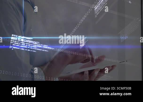 Tech professional tapping tablet and scrolling binary code, analyzing ...