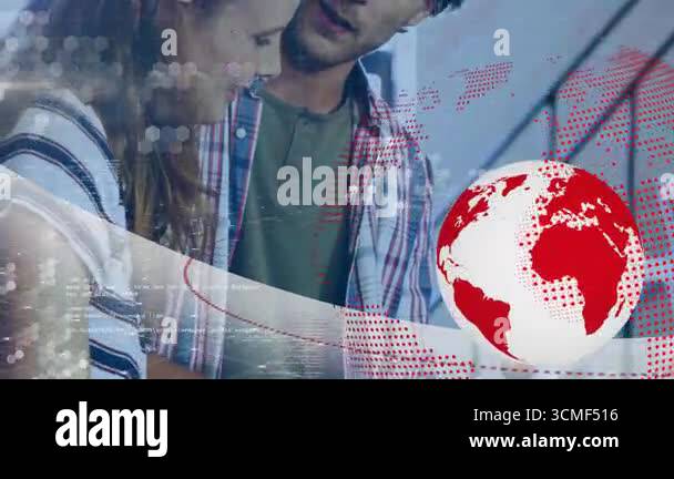 Woman unrolling design sheet man leaning over pointing at code mapping ...