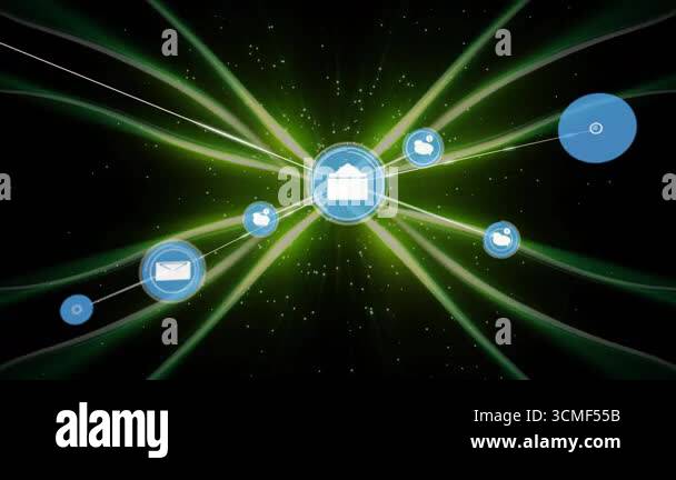 Single blue envelope icon emerging triggers network expanding outward ...