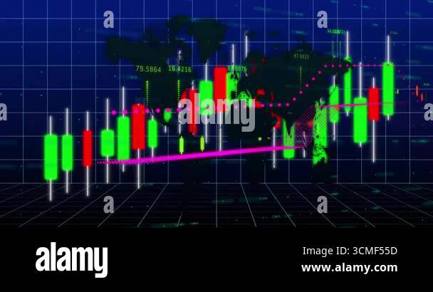 Opening grid showing world map flickering colored candlesticks turning to arrow showing market ...
