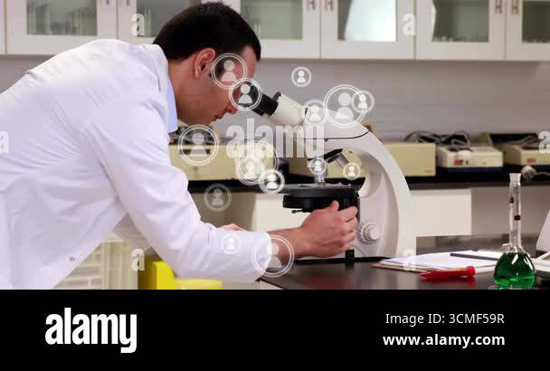 lab scientist placing slide initiating animated avatars forming around ...