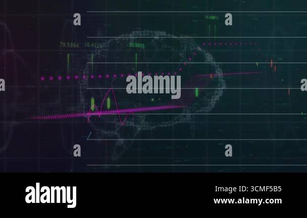 Upon grid fade wireframe brain fading, trend line and candlesticks ...